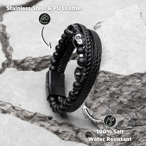 Black Leather Skull Layered Bracelet For Men | Samos Jewelry